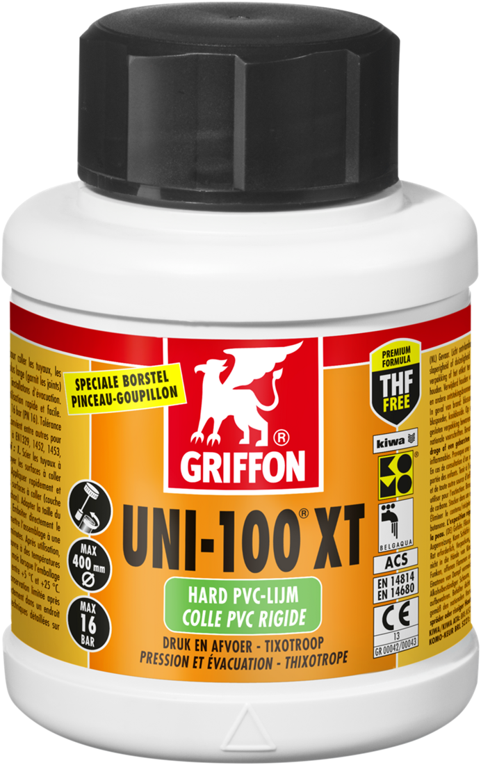 Griffon UNI-100 XT - THF-vrije hard PVC lijm KIWA - Flacon met borstel ...